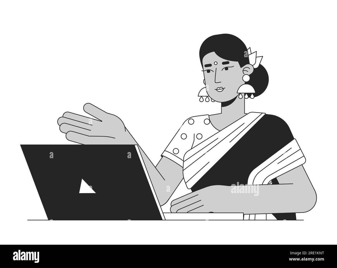 Indian woman professional with laptop flat line black white vector ...