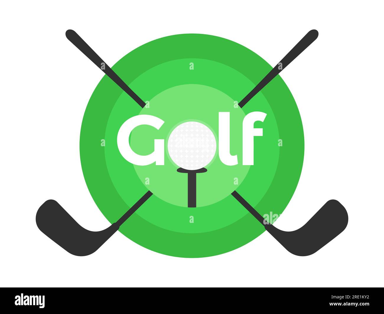 Round golf banner with text, clubs and ball. The word golf where o is a ...