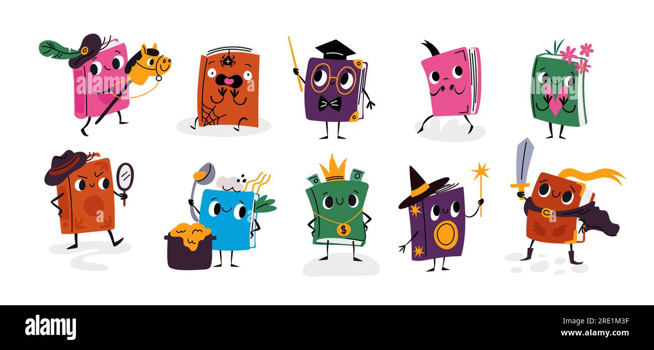Cartoon books characters. Cute library publications mascots. Different ...