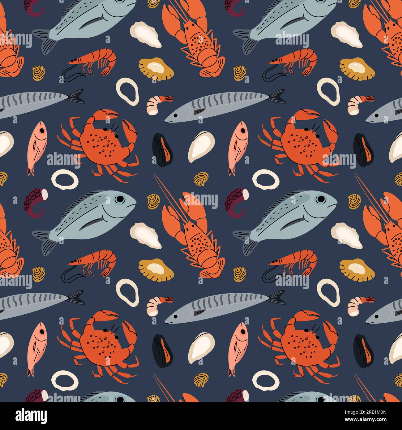 Cartoon sea food seamless pattern. Restaurant delicacies. Ocean ...