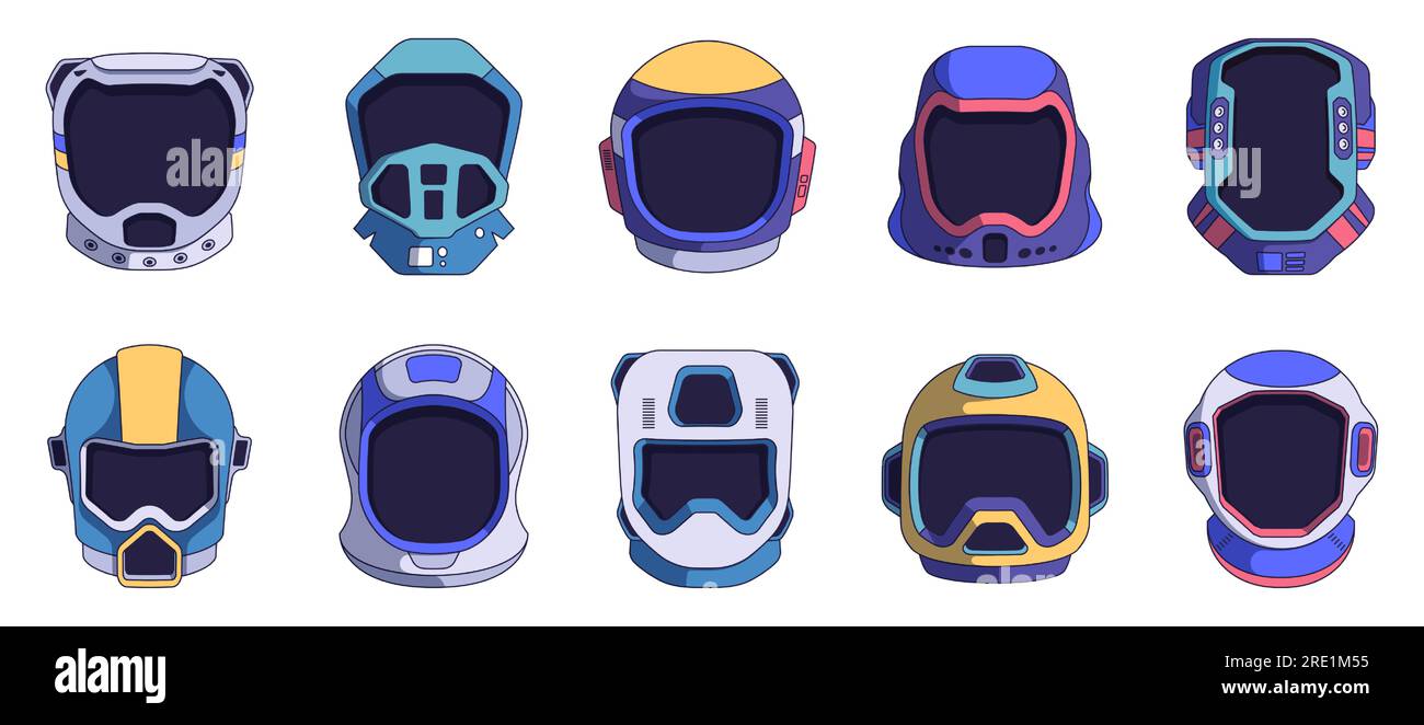 Cute astronaut helmet set. Cartoon cosmic spacesuit helmets with funny ...