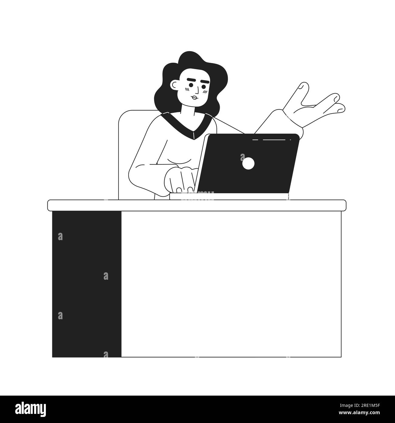 Busy hispanic woman working on laptop 2D vector monochrome isolated ...