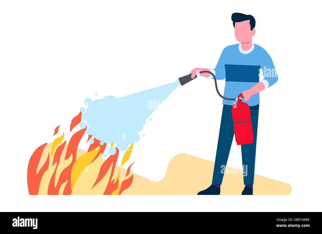 Man uses fire extinguisher to put out burning flame. Ignition ...