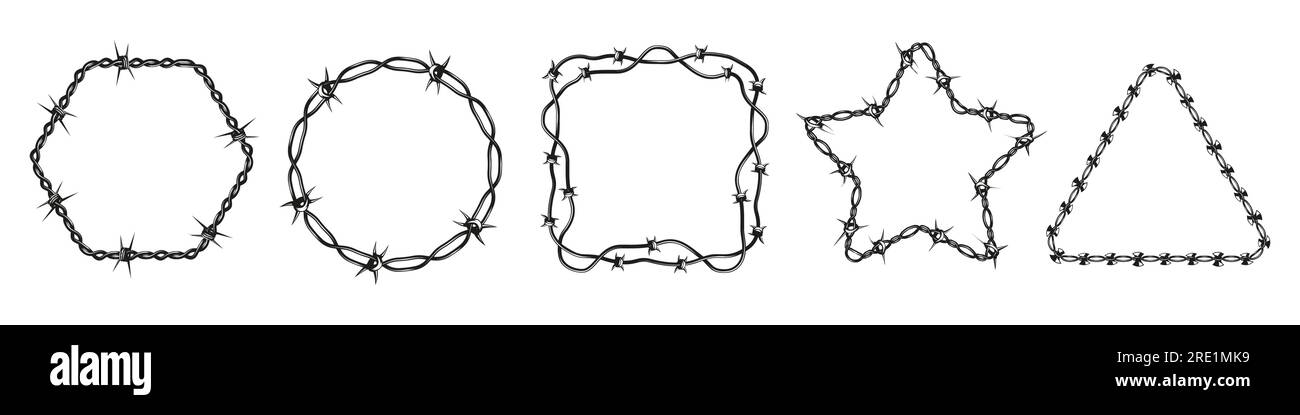 Barb wire shapes. Black barbed wire silhouettes, military boundary ...