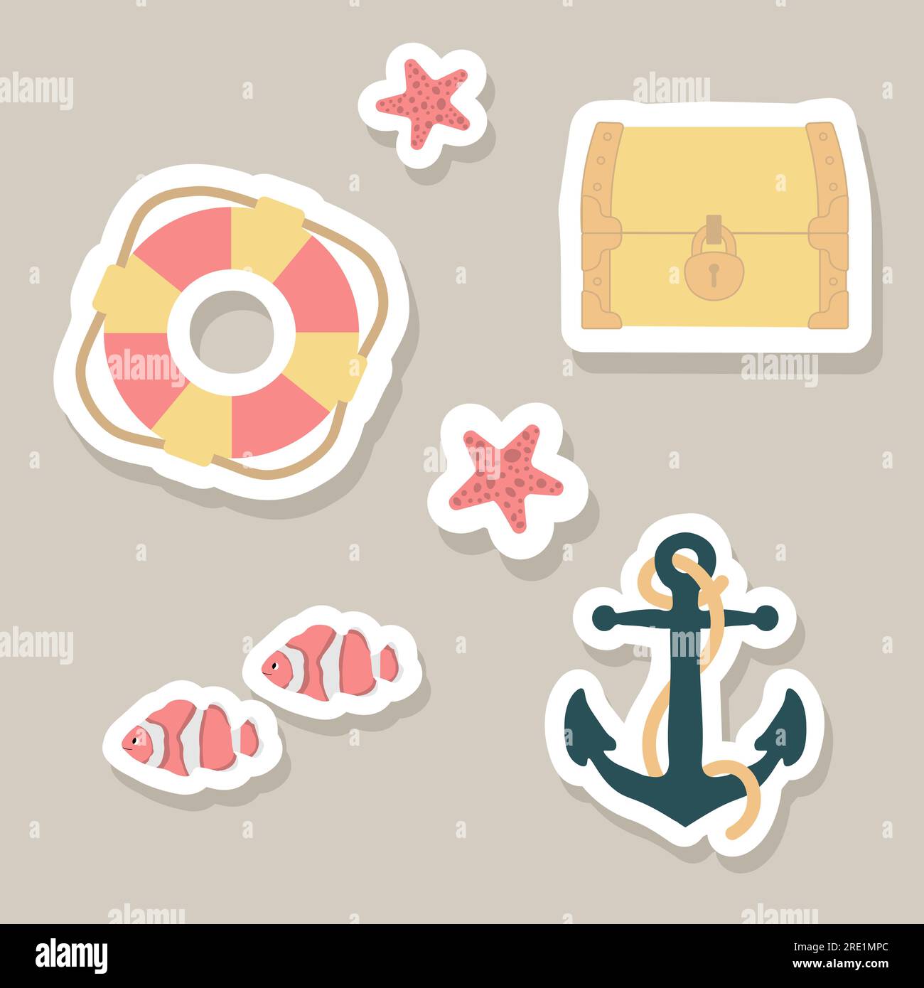 Cute vector stickers set with lifebuoy, treasure chest, clown fish ...