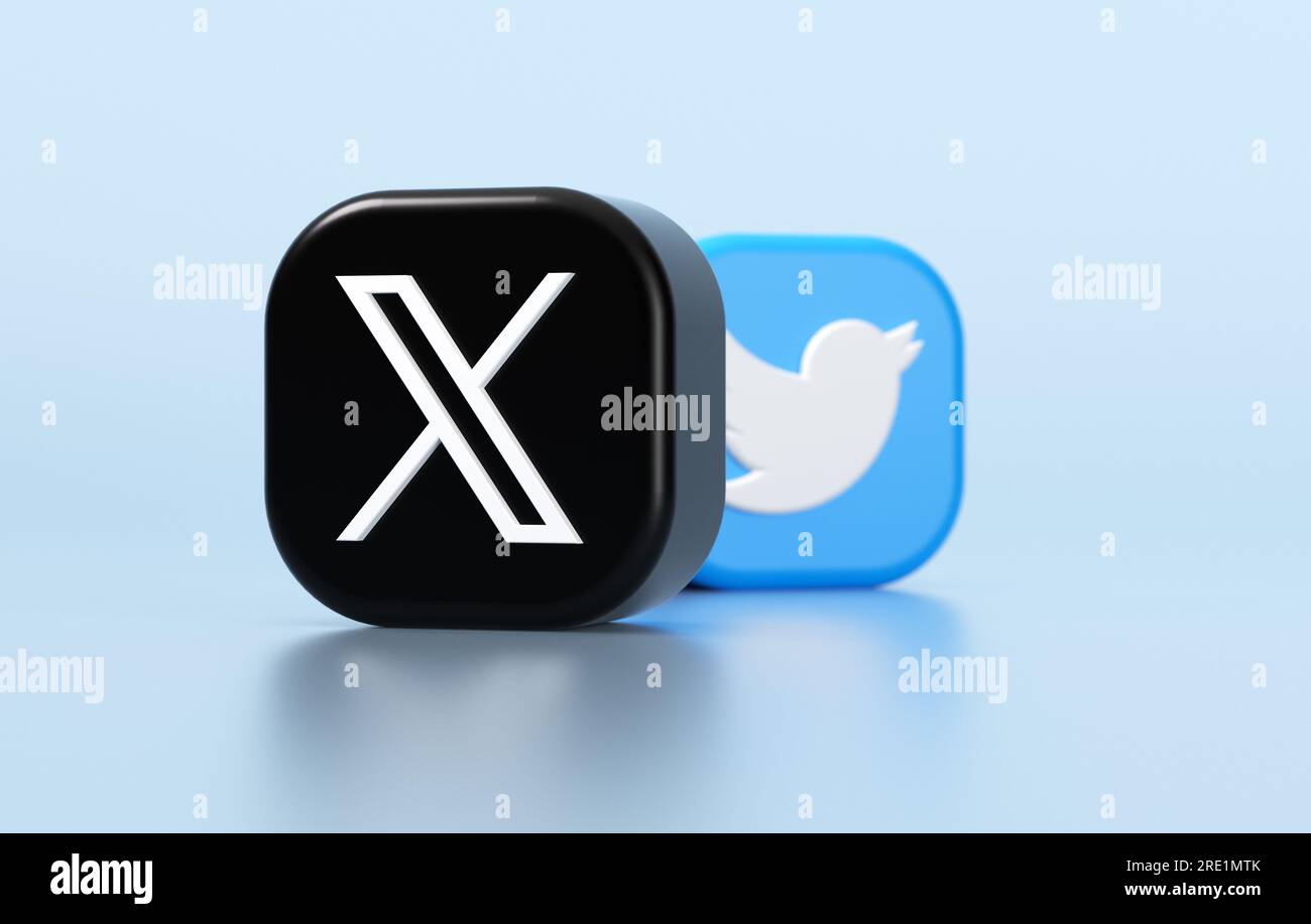 Valencia, Spain - July, 2023: X and Twitter apps logos on a blue color ...