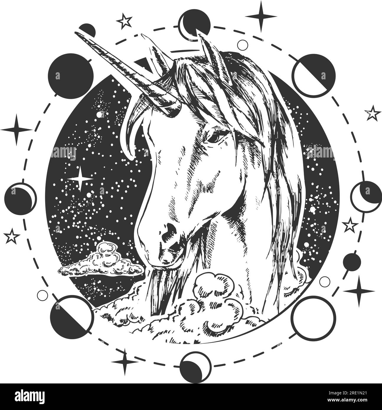 Beautiful unicorn head over cloudy, starry night sky round boho symbol ...