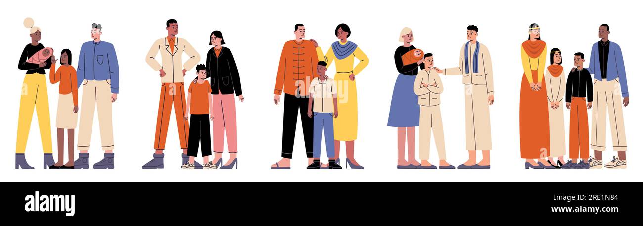 Cartoon multinational families. Multicultural people in traditional ...