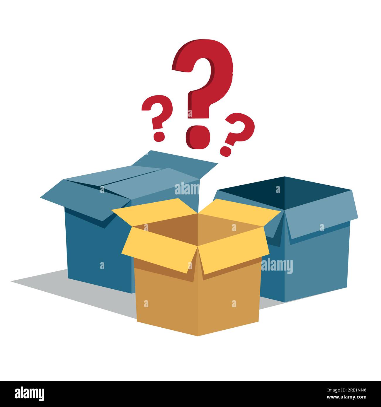 Mystery Secret boxes. Cardboard open box with Question mark. Holiday ...