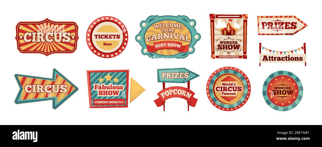 Circus labels. Cartoon fairground tent entrance signs, magic show and ...