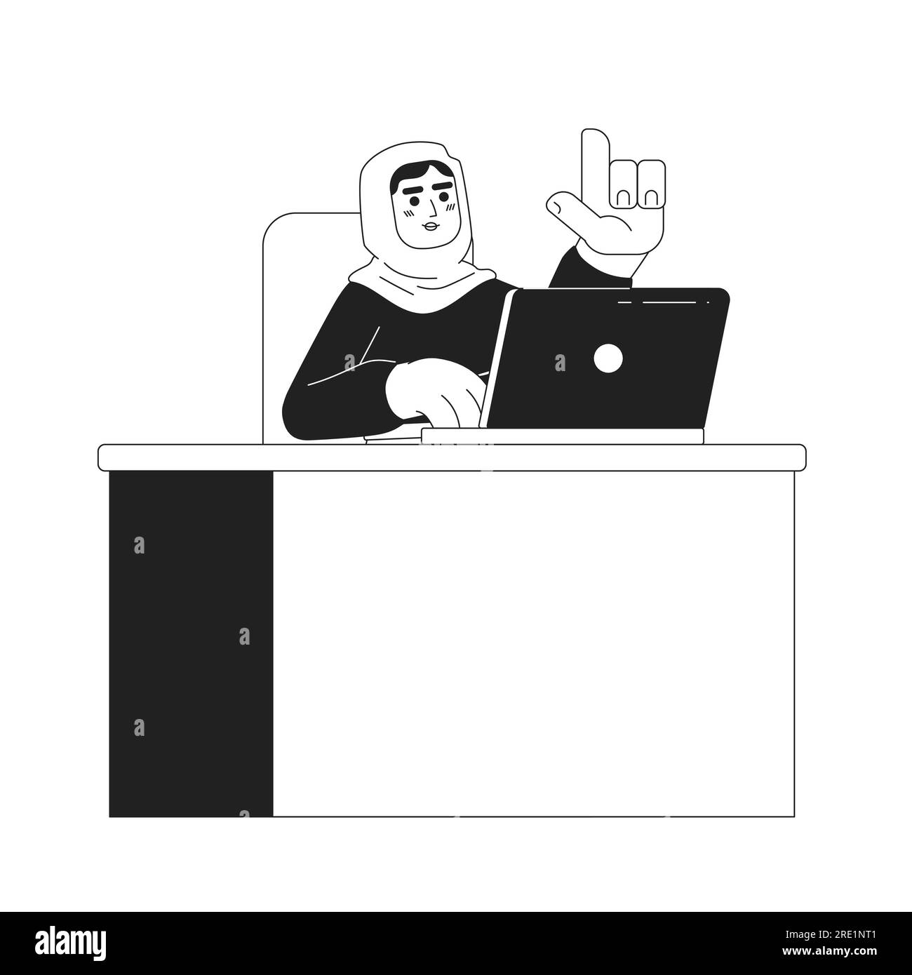 Muslim woman in hijab working on computer 2D vector monochrome isolated ...