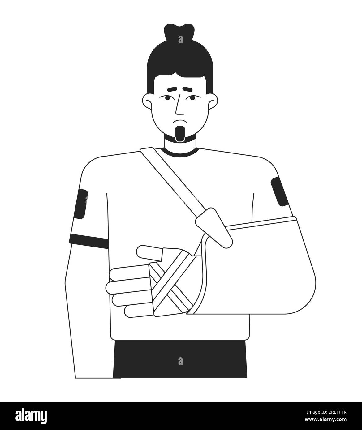 Disappointed man with broken arm flat line black white vector character ...