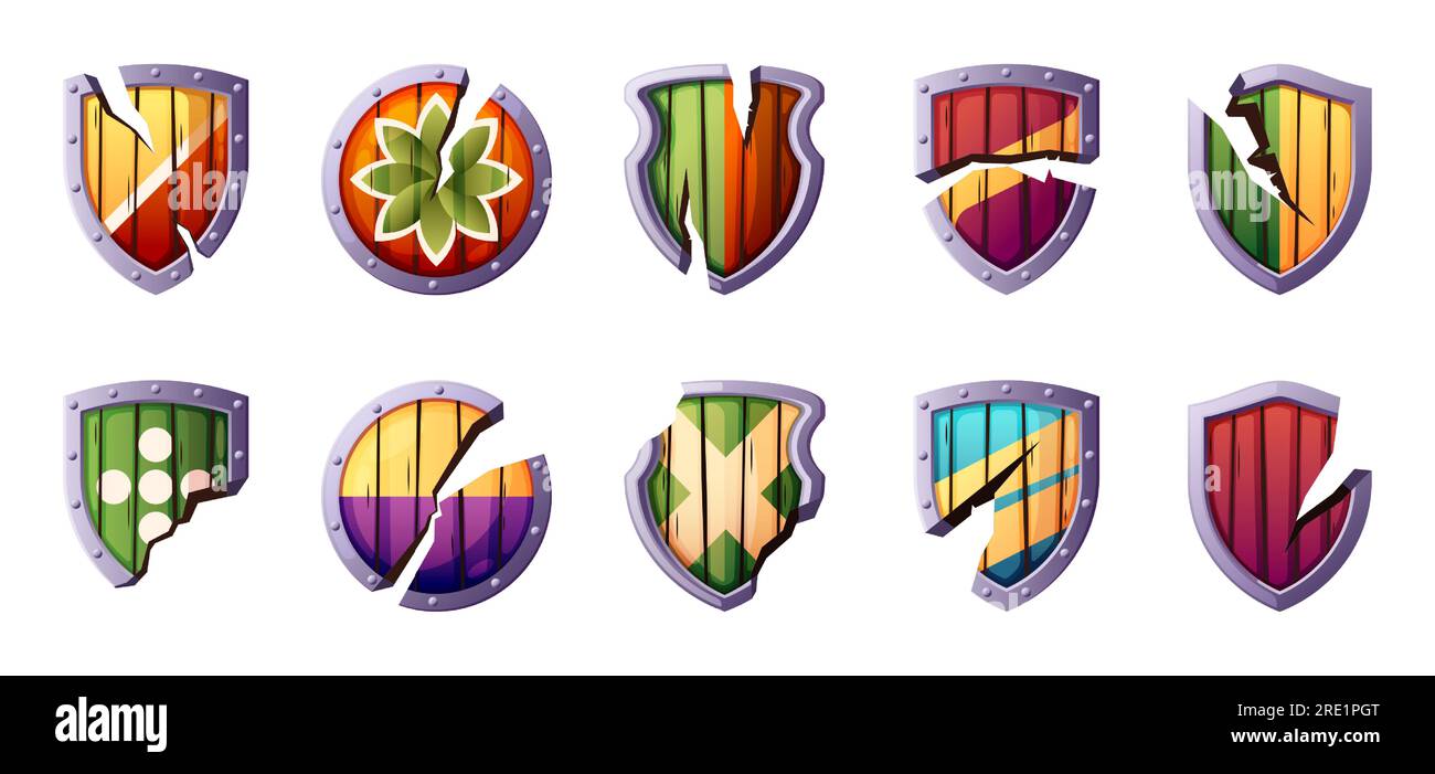 Game damaged shields. Cartoon fantasy military armor cracked and broken ...