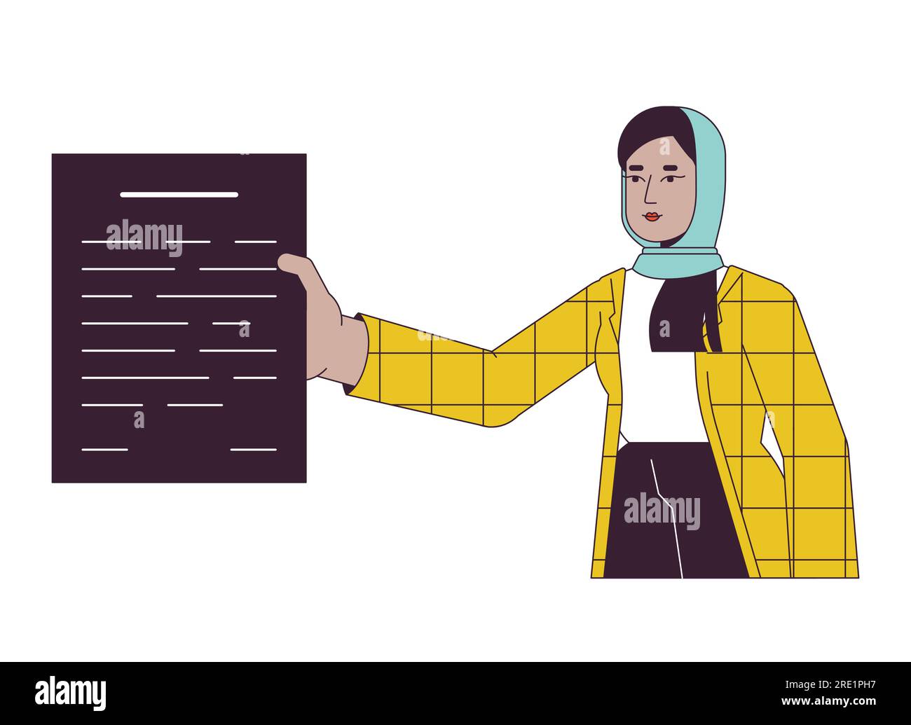 Hijab office worker giving paperwork flat line color vector character ...