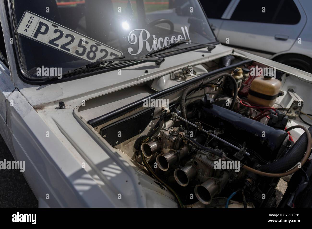 The engine of an old Lada is exposed for preparation for a drag race at ...