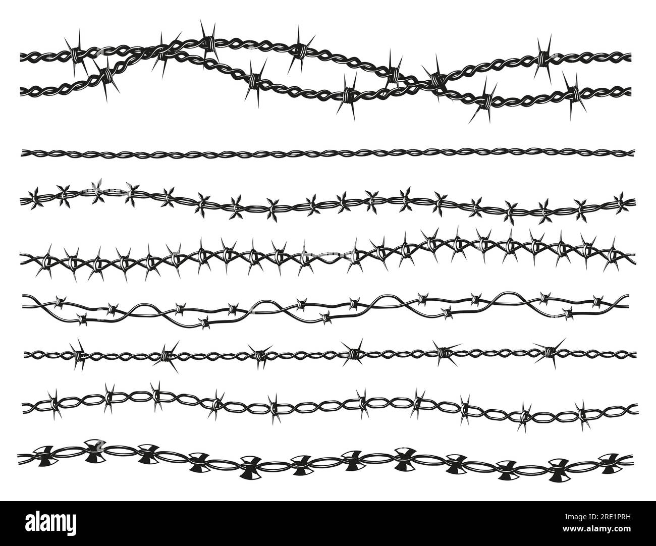 Razor wire collection. Barbed wire military border, dangerous chain of ...