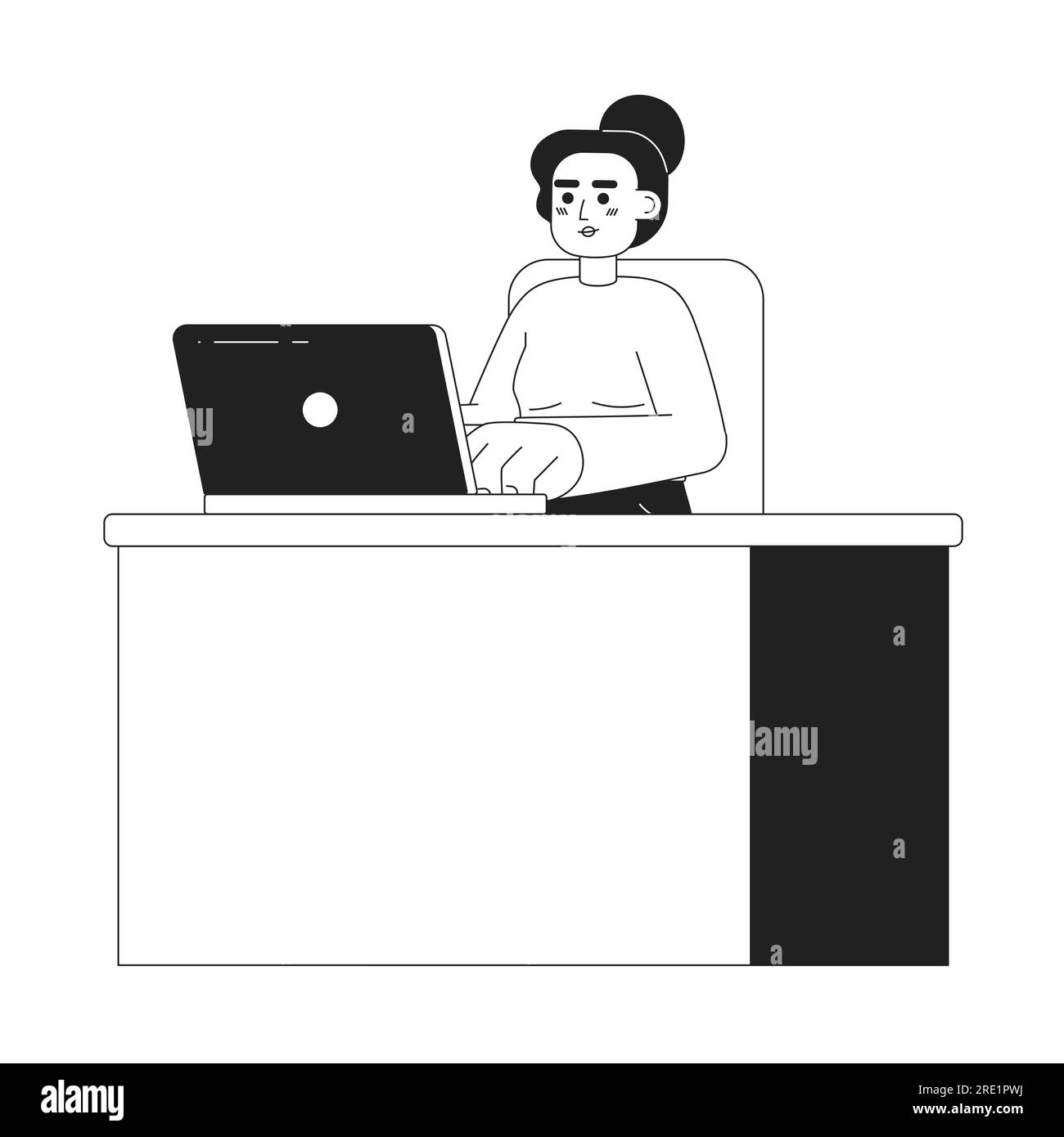 Serious caucasian lady sitting at desk 2D vector monochrome isolated spot illustration Stock ...