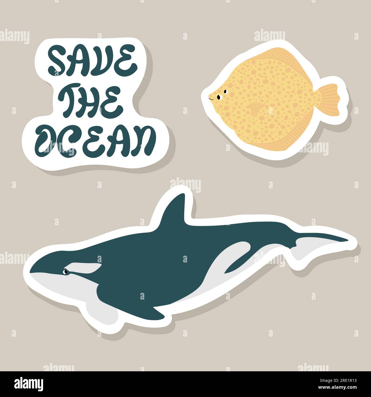 Cute vector stickers set with killer whale,flounder,lettering.Save the ...