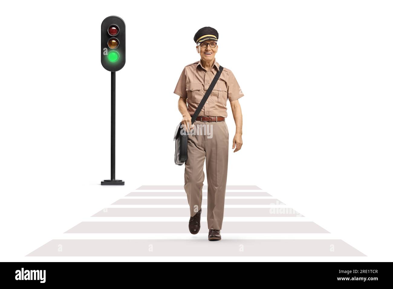 Full length portrait of a postman carrying letters and crossinf a ...