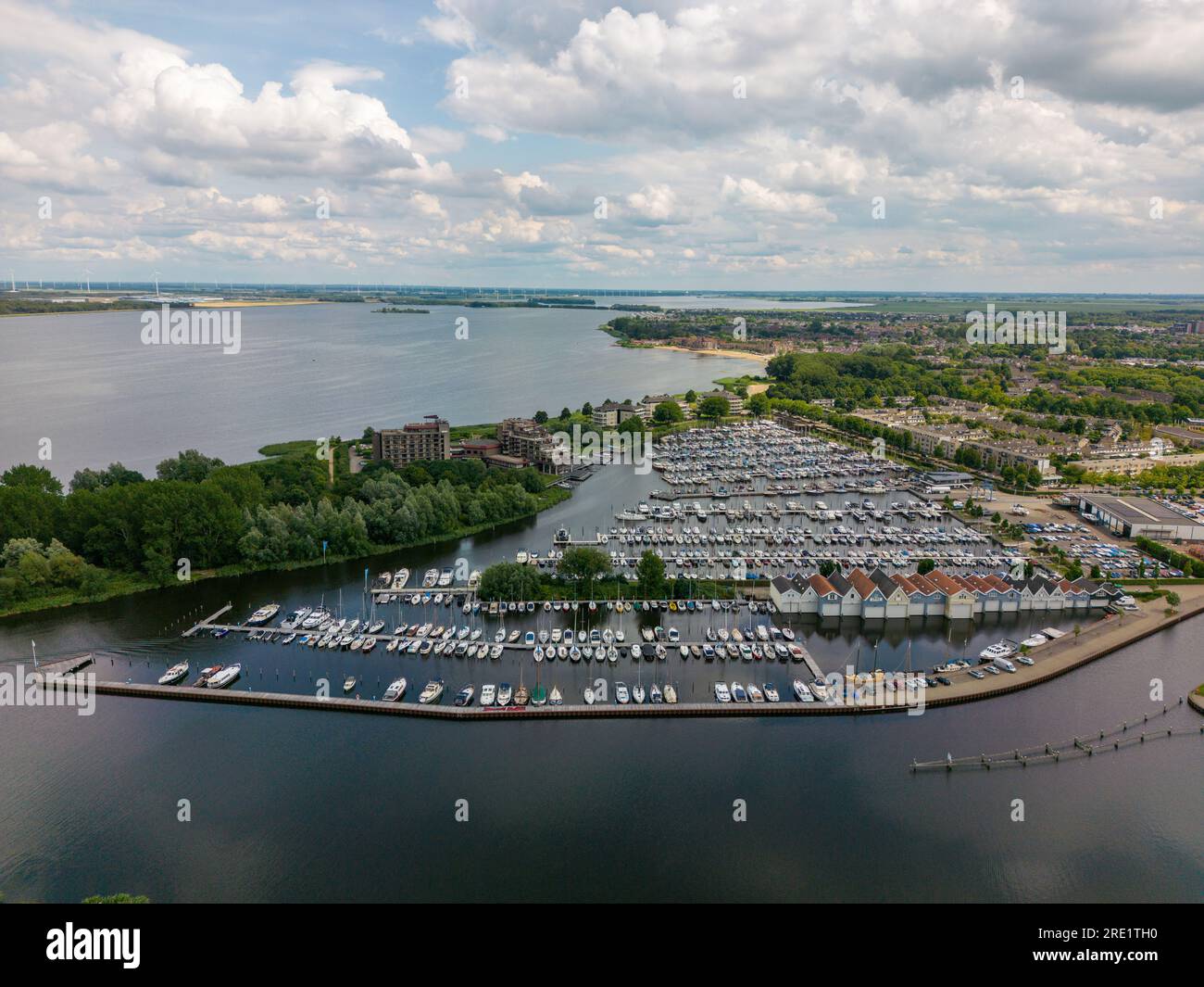 Aerial drone photo of the marina in Huizen at the randmeren in the ...