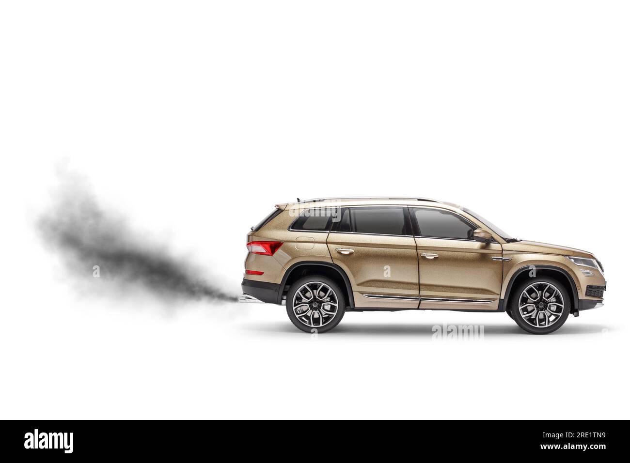 Vehicle driving and smoke coming out of the exhaust pipe isolated on ...