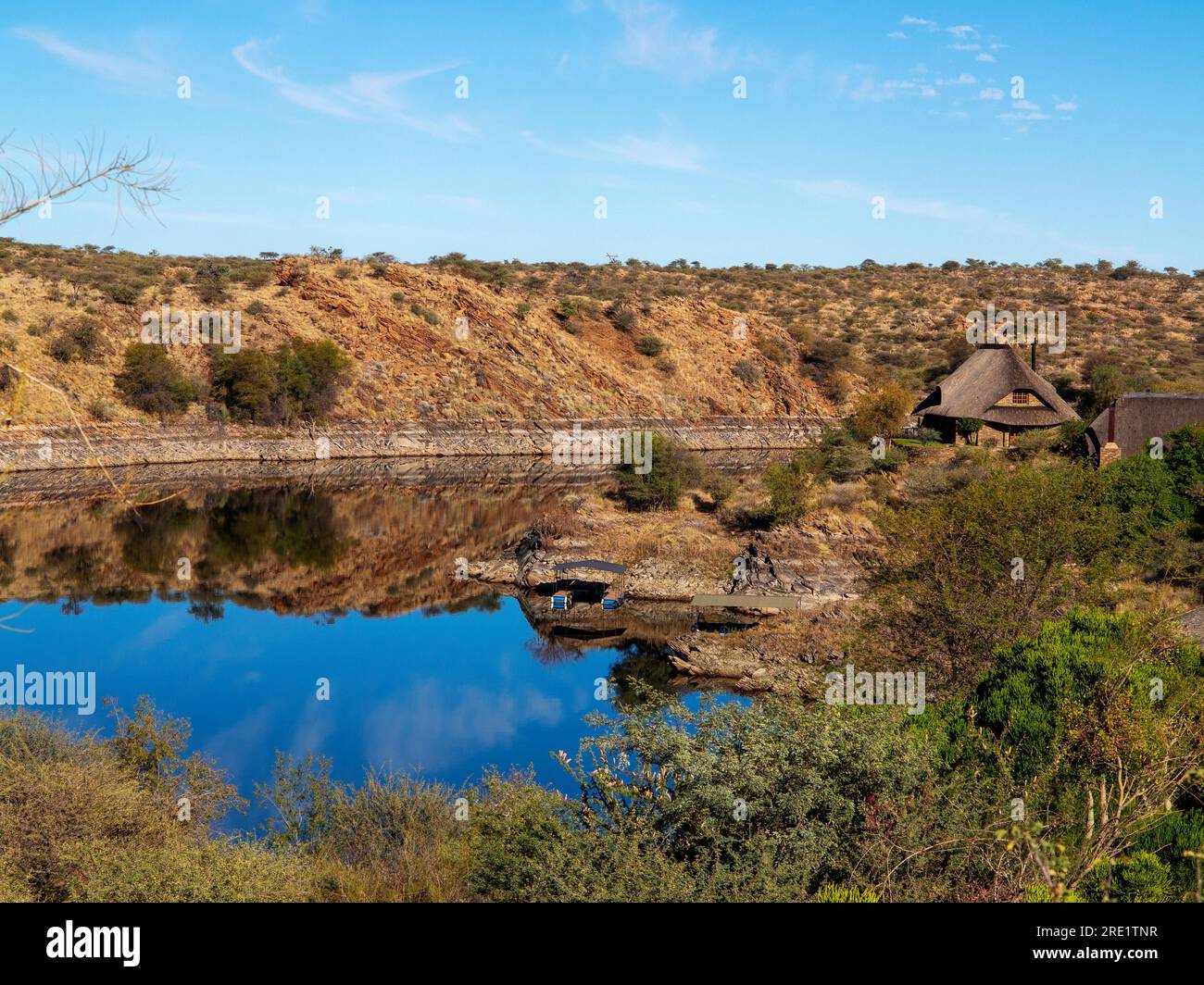 Beautuful bungalow at the shores of Lake Oanob Resort, Namibia Stock ...