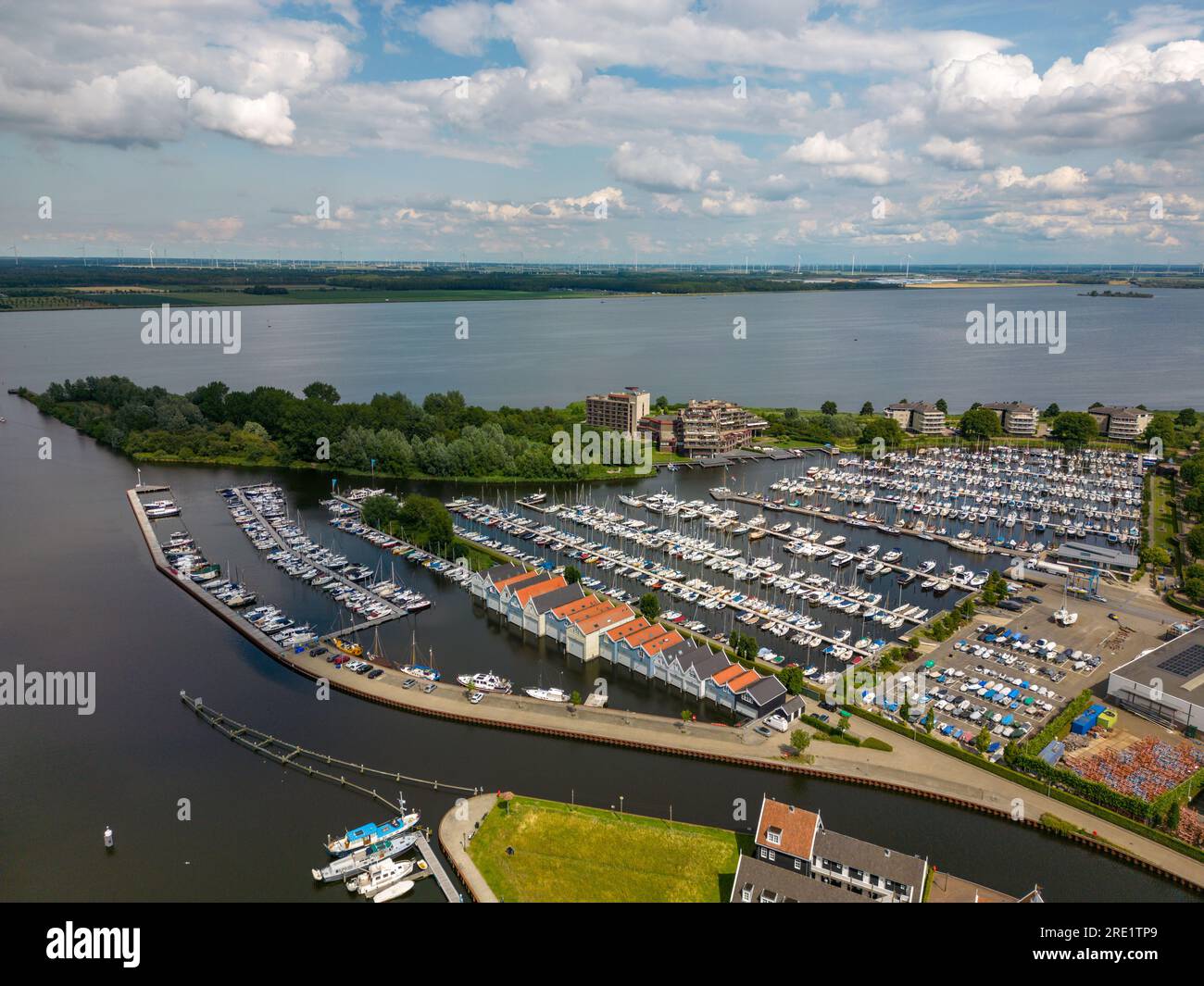 Aerial drone photo of the marina in Huizen at the randmeren in the ...