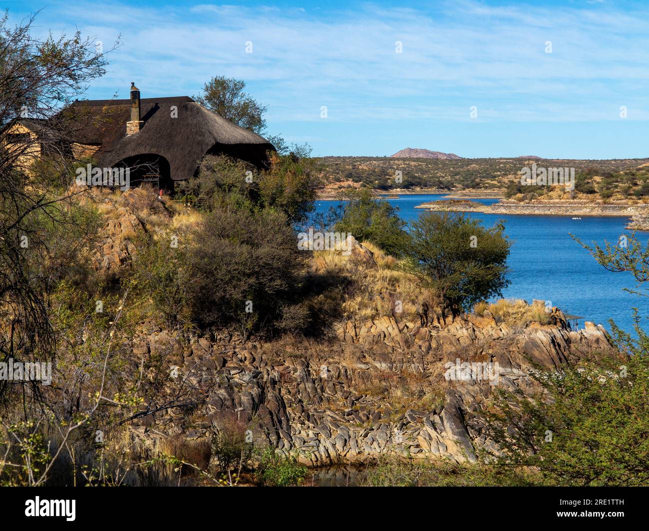 Beautuful bungalow at the shores of Lake Oanob Resort, Namibia Stock ...