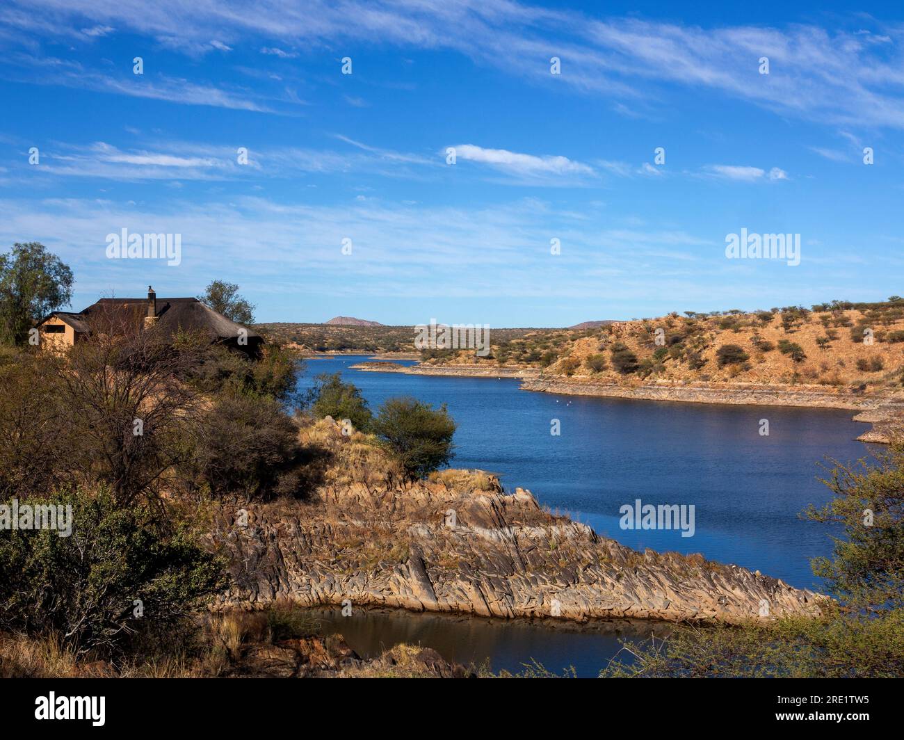 Beautuful bungalow at the shores of Lake Oanob Resort, Namibia Stock ...