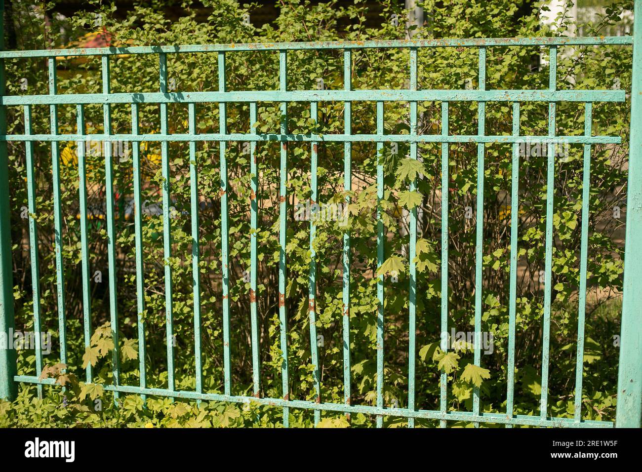 Green fence made of steel rods. Fence around park. Details of territory ...