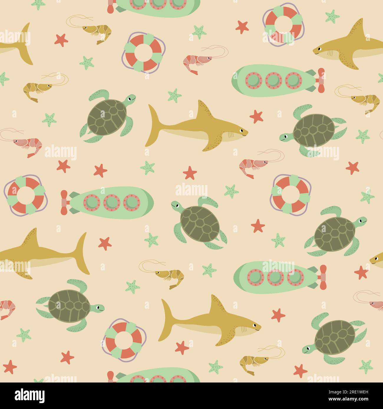 Vector seamless pattern with shark,submarine,turtle,shrimp,starfish ...