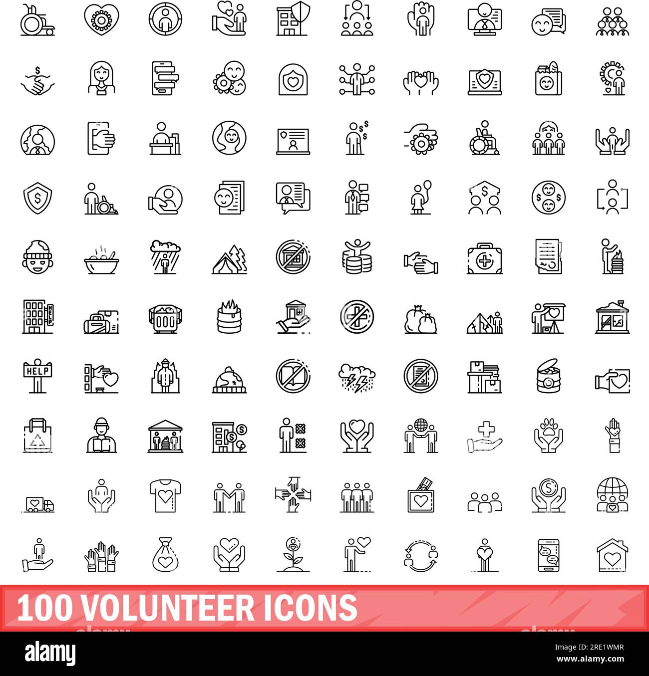 100 volunteer icons set. Outline illustration of 100 volunteer icons vector set isolated on ...
