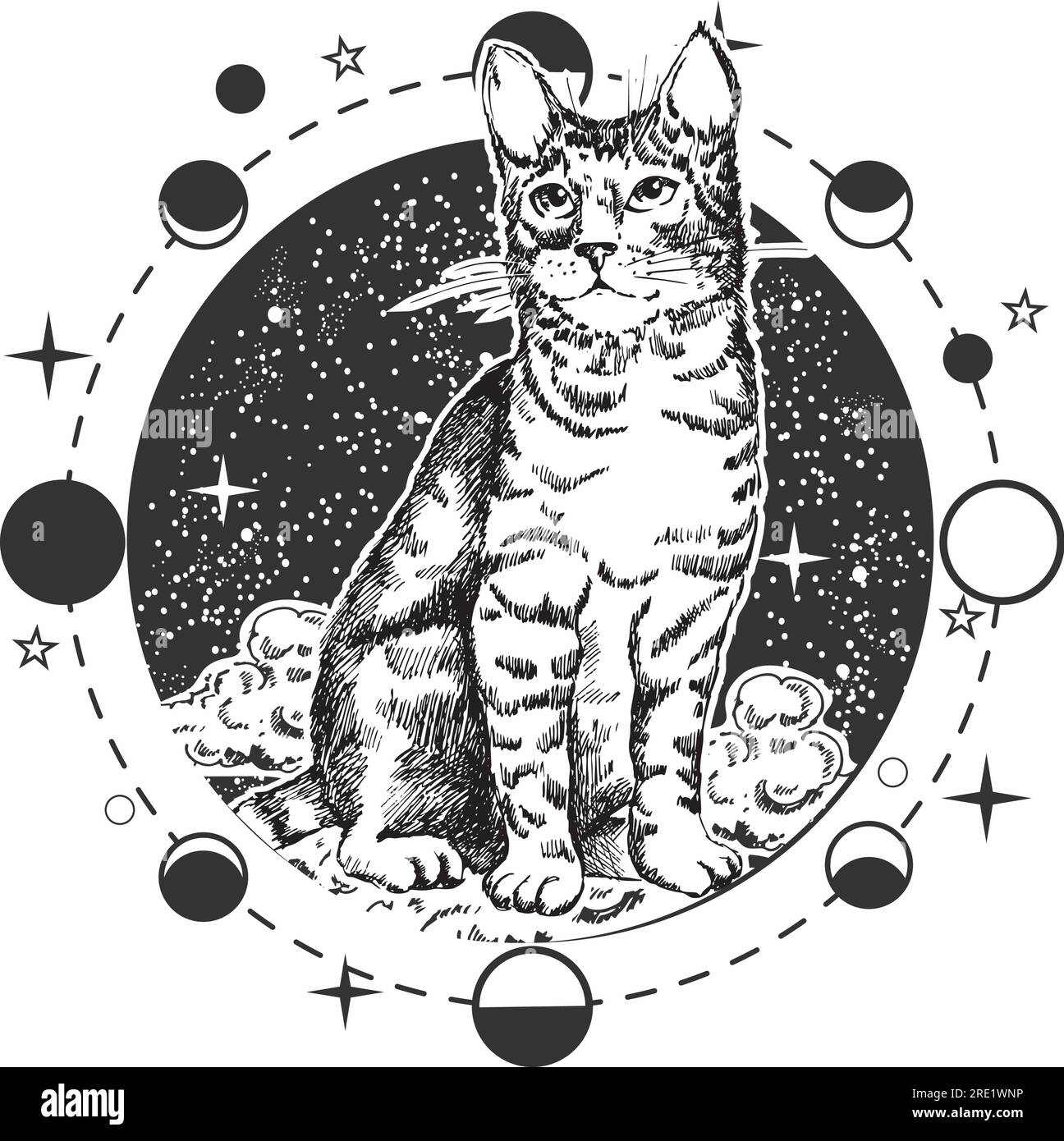 Cute cat full-length over cloudy, starry night sky round boho symbol ...