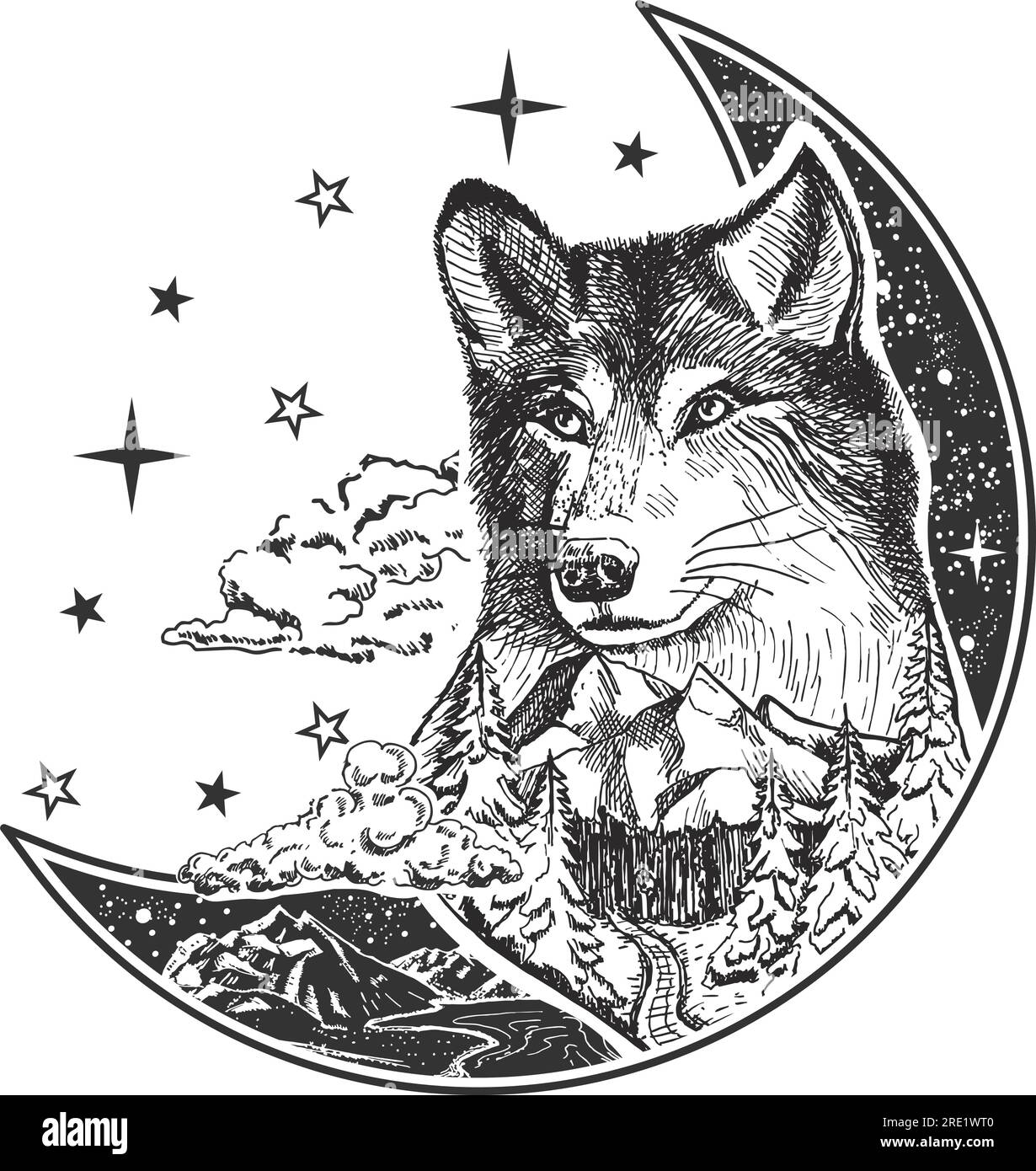 Vector illustration with moon and wolf in boho style Stock Vector Image ...