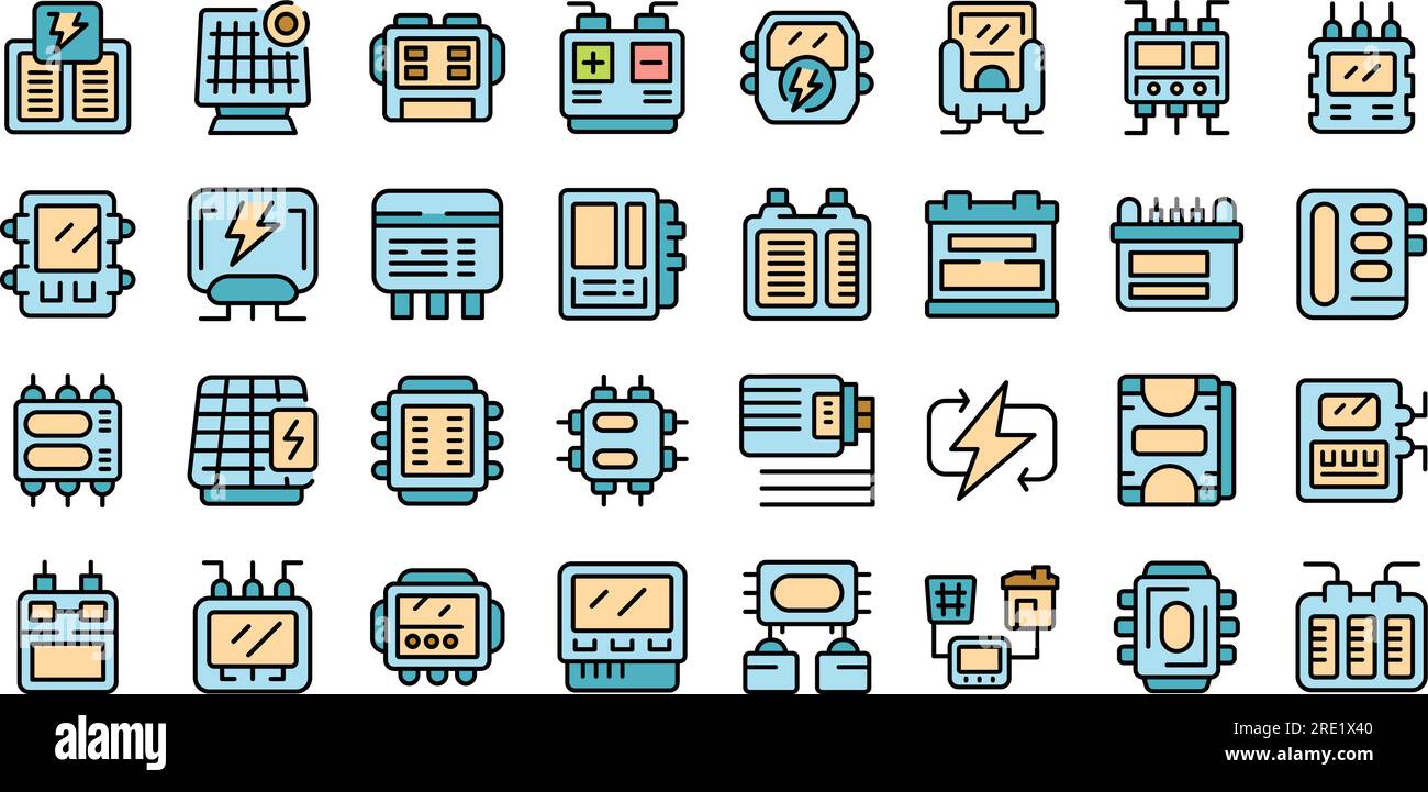 Inverter icons set outline vector. Solar nature. Power energy thin line ...