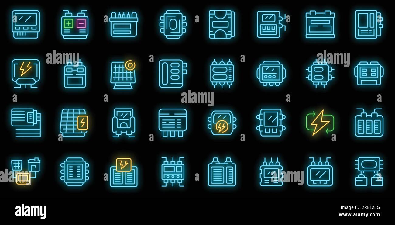 Inverter icons set outline vector. Solar nature. Power energy neon ...