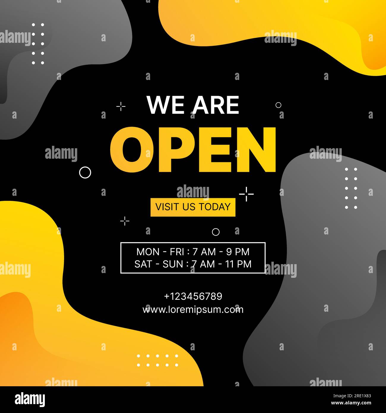 we are open banner design with yellow fluid shapes on black background ...