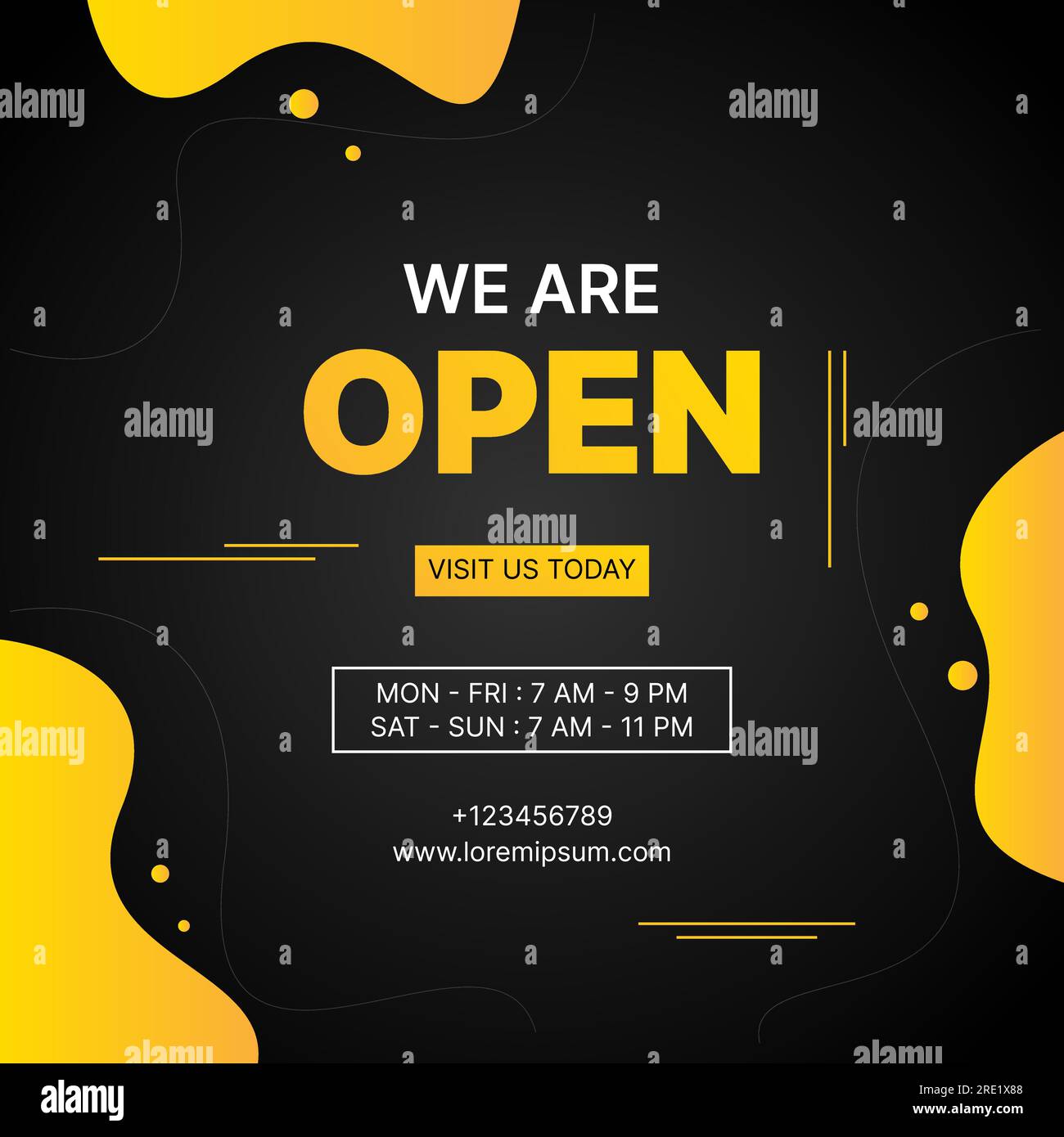 we are open banner design with yellow fluid shapes on black background ...