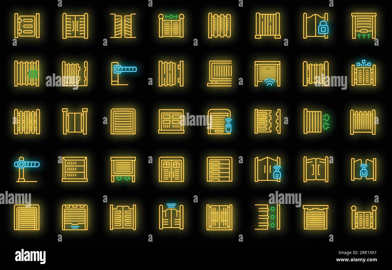 Automatic gates icons set outline vector. Security car. House gate neon ...