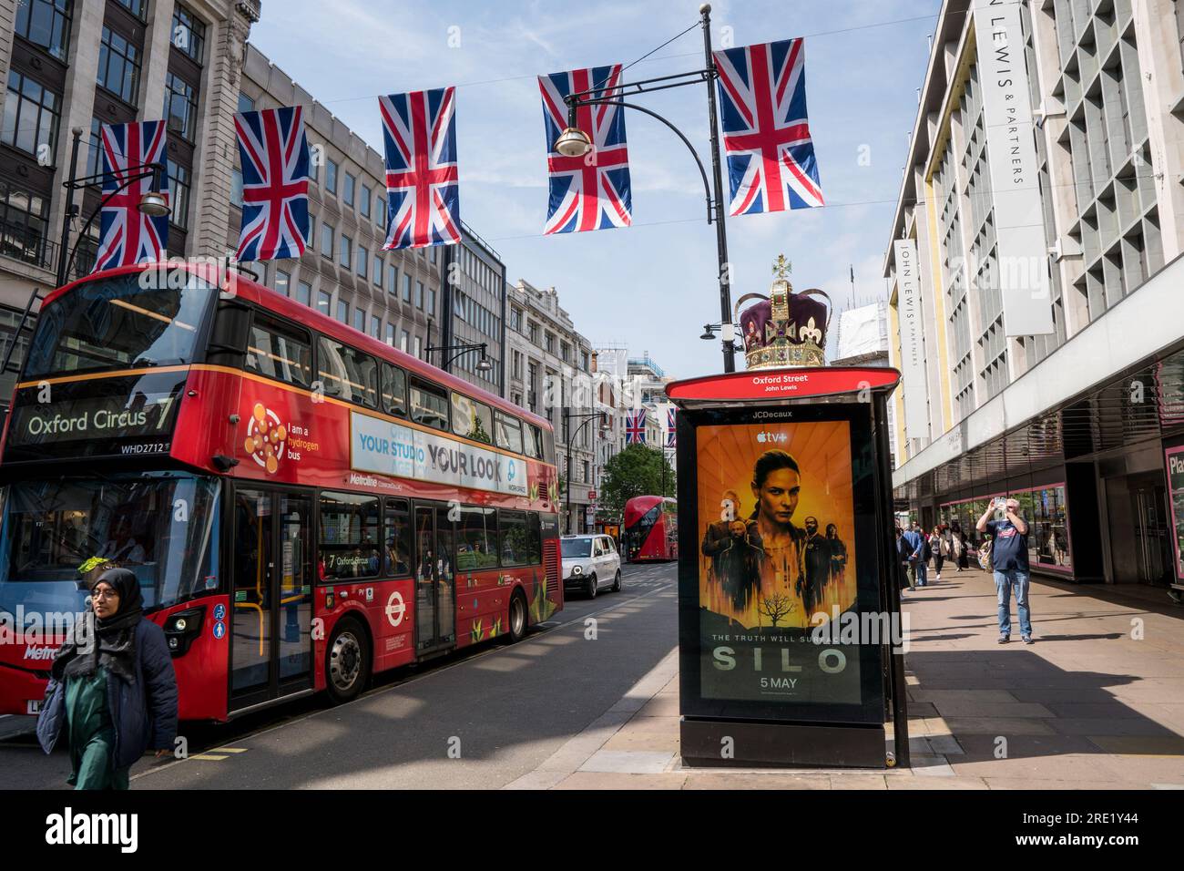 Crown on top of bus stop on Oxford Street to mark the Coronation of ...