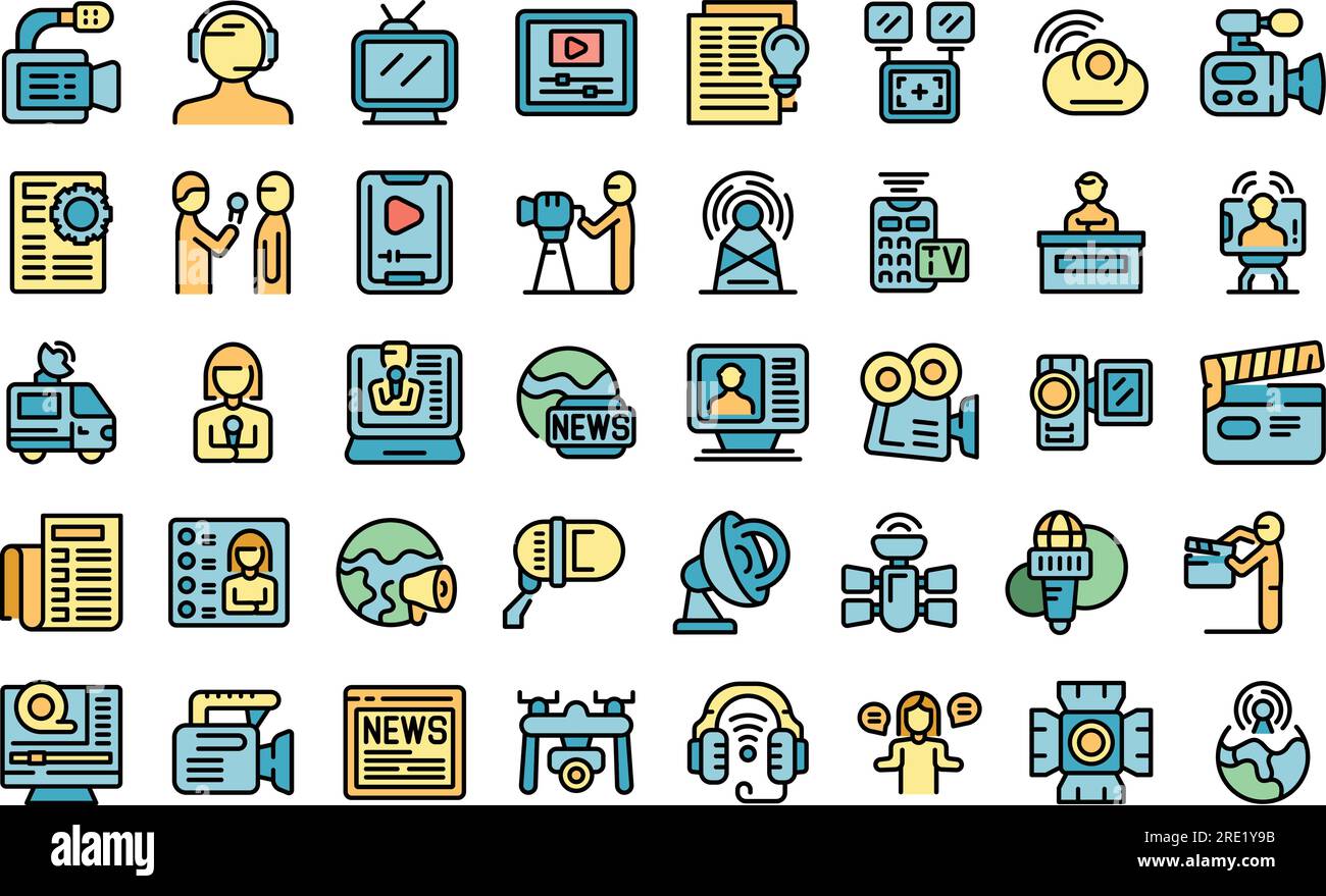 News production team icons set outline vector. Studio tv. Camera crew ...
