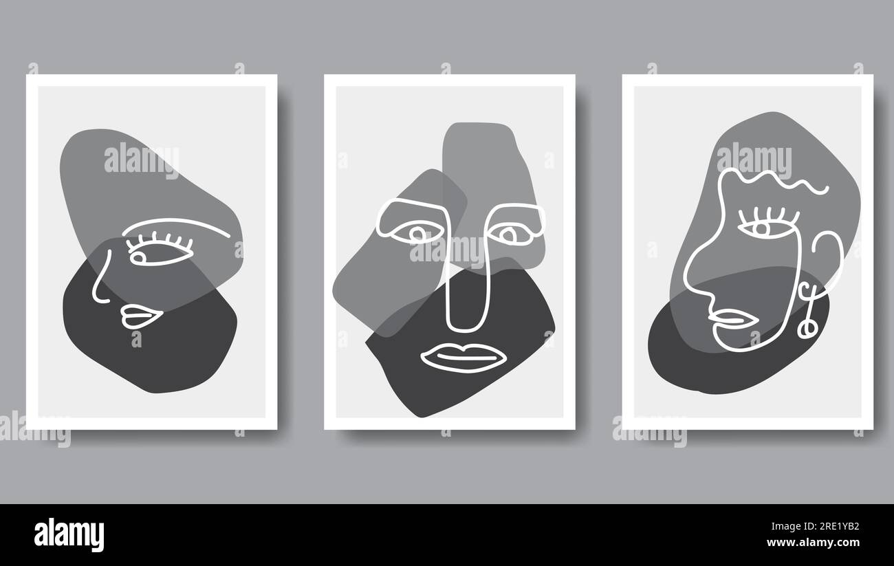 abstract wall art decoration with human face line art in monochrome ...