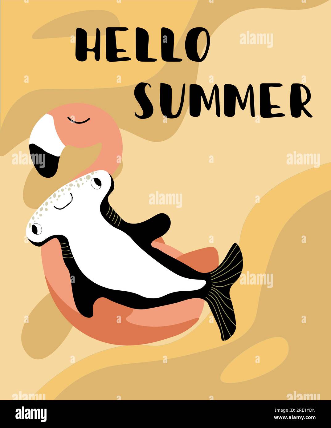 Vector ocean illustration with hammerhead fish on an inflatable ...