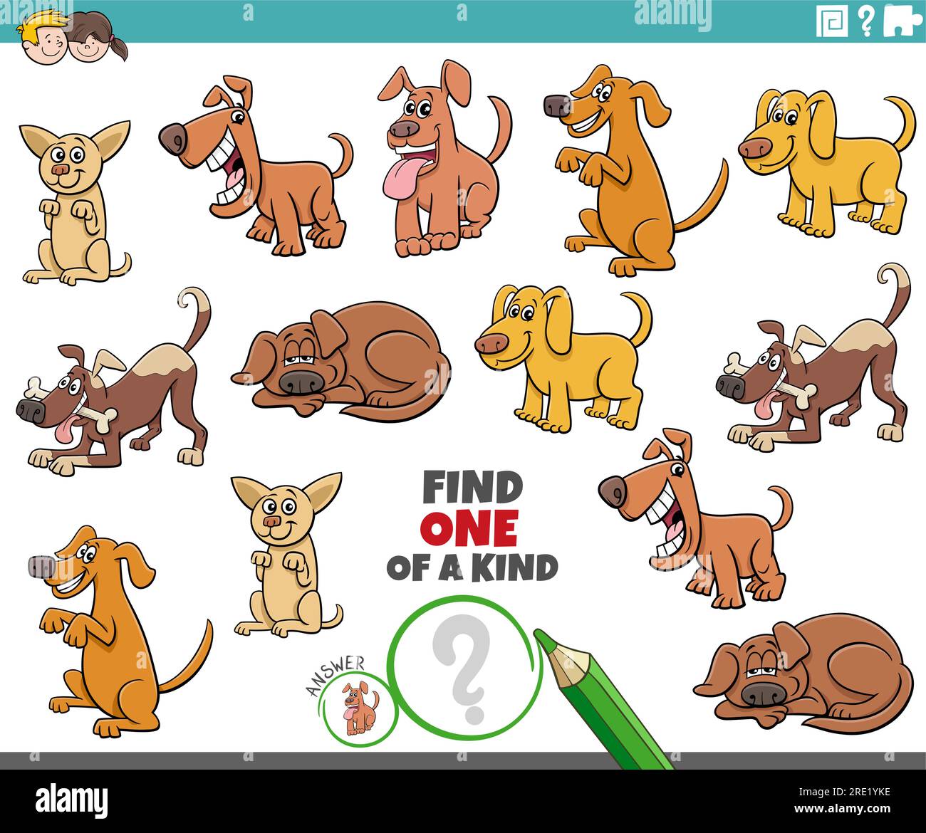 Cartoon illustration of find one of a kind picture educational game ...