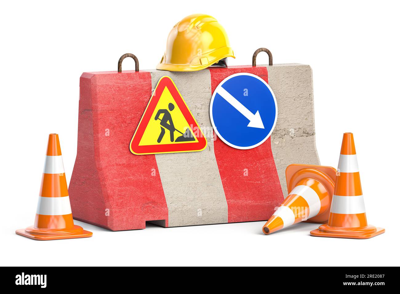 Under construction. Road barrier with trafic signs, cones and hard hat ...