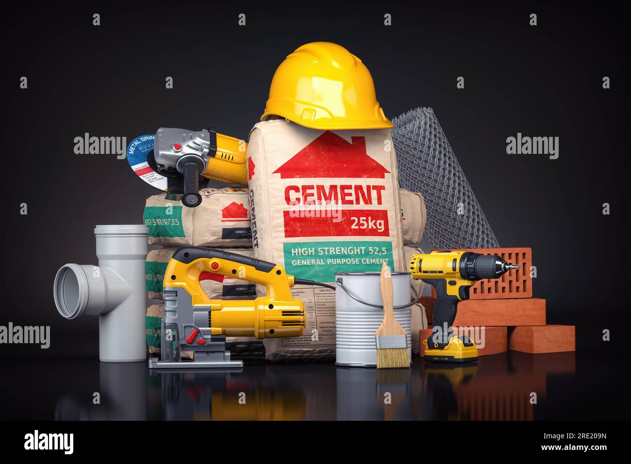 Construction materials and tools on black background. 3d illustration ...