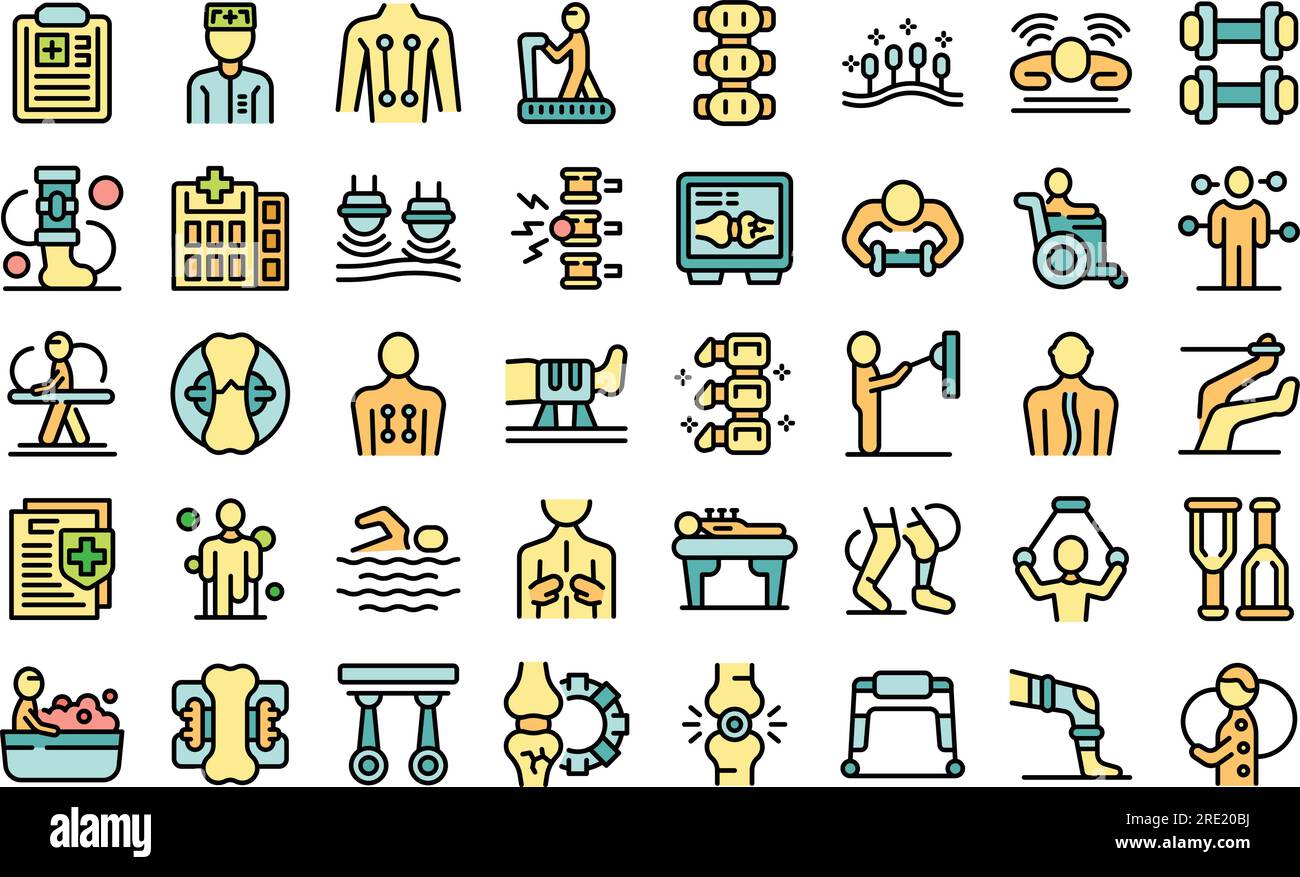 Physiotherapy icons set outline vector. Treatment exercise. Session ...
