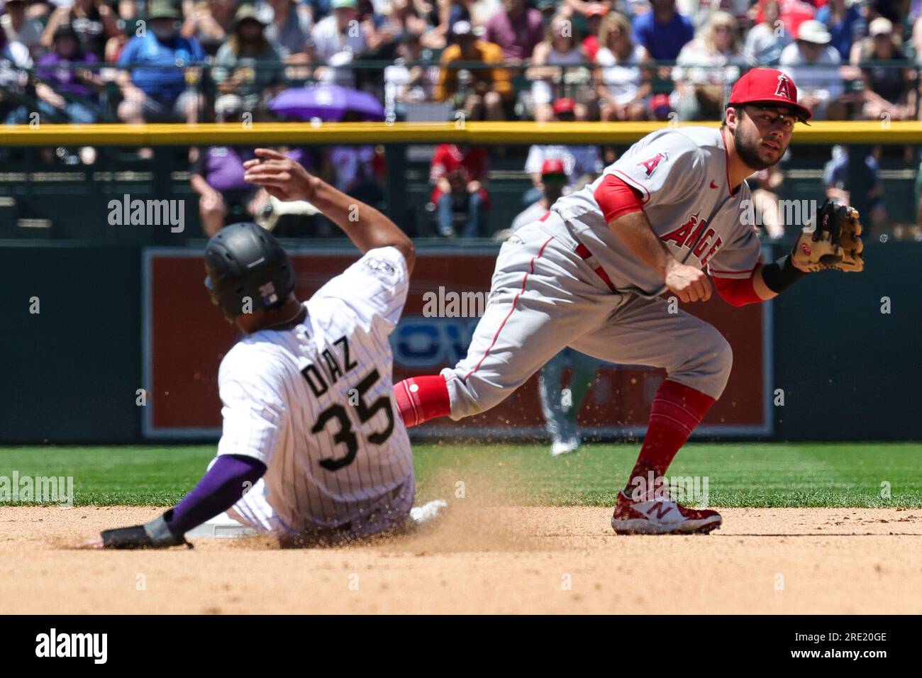 Los Angeles Angels shortstop David Fletcher (22) tries to turn a double ...