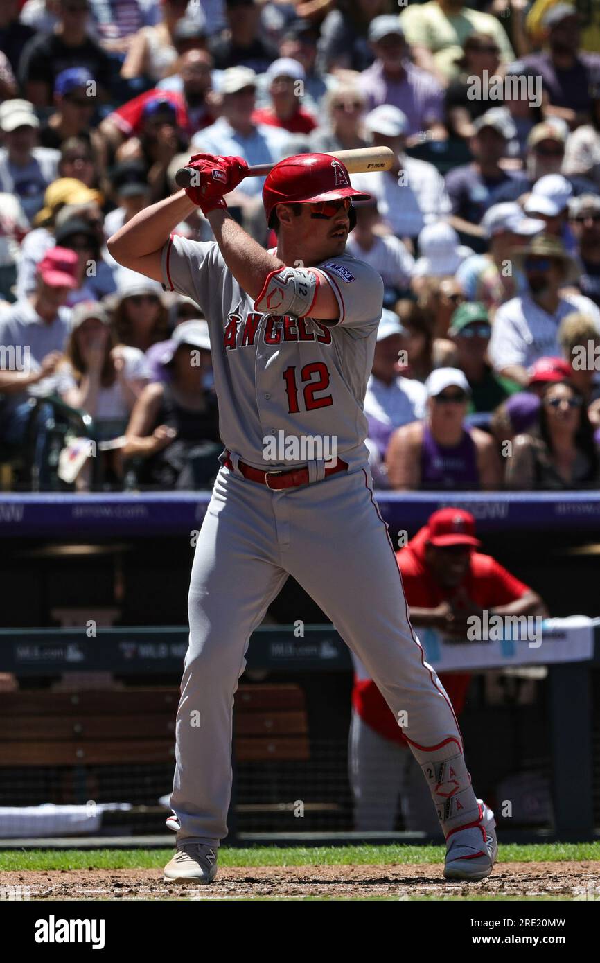 Los Angeles Angels right fielder Hunter Renfroe (12) waits for the ...