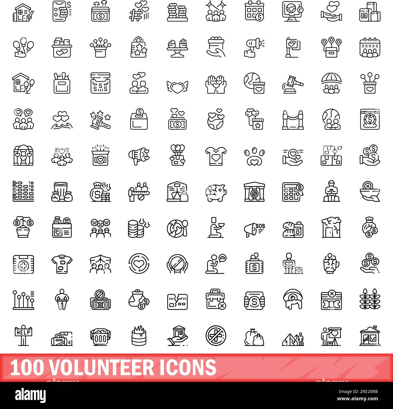 100 volunteer icons set. Outline illustration of 100 volunteer icons ...